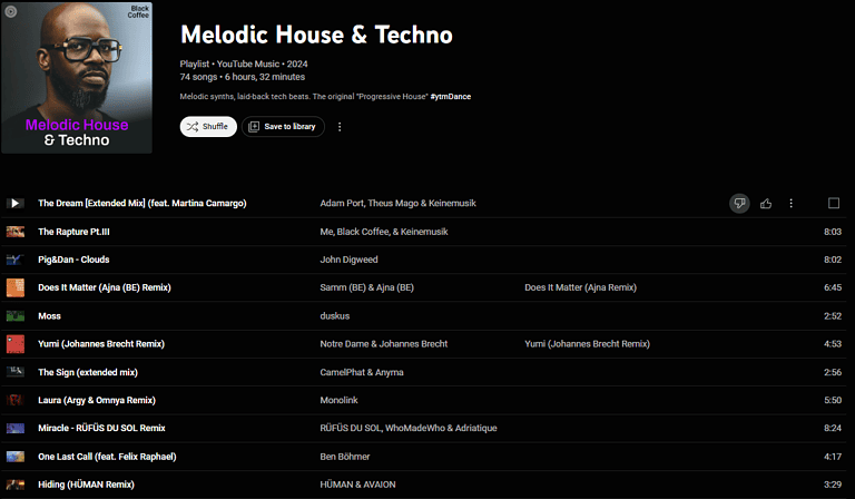 “Melodic House & Techno” Playlist on YouTube Music – Techno Airlines